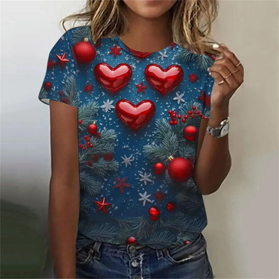 AUNVITO Women's Valentine's Day Print T-shirt Short Sleeve Round Neck ...