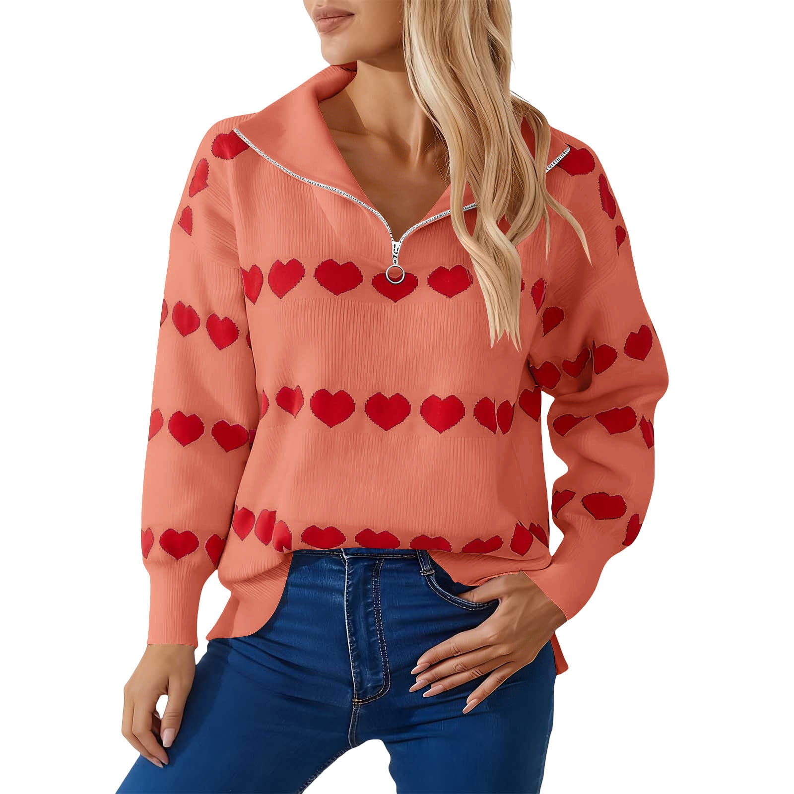 AUNVITO Women's Valentine's Day Round Neck Pullover Sweater with Heart ...