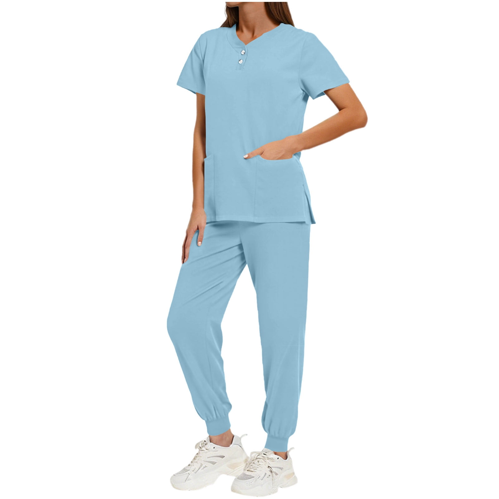 AUNVITO Women's Work Uniform Set Short Sleeve V-Neck Button Front Top ...