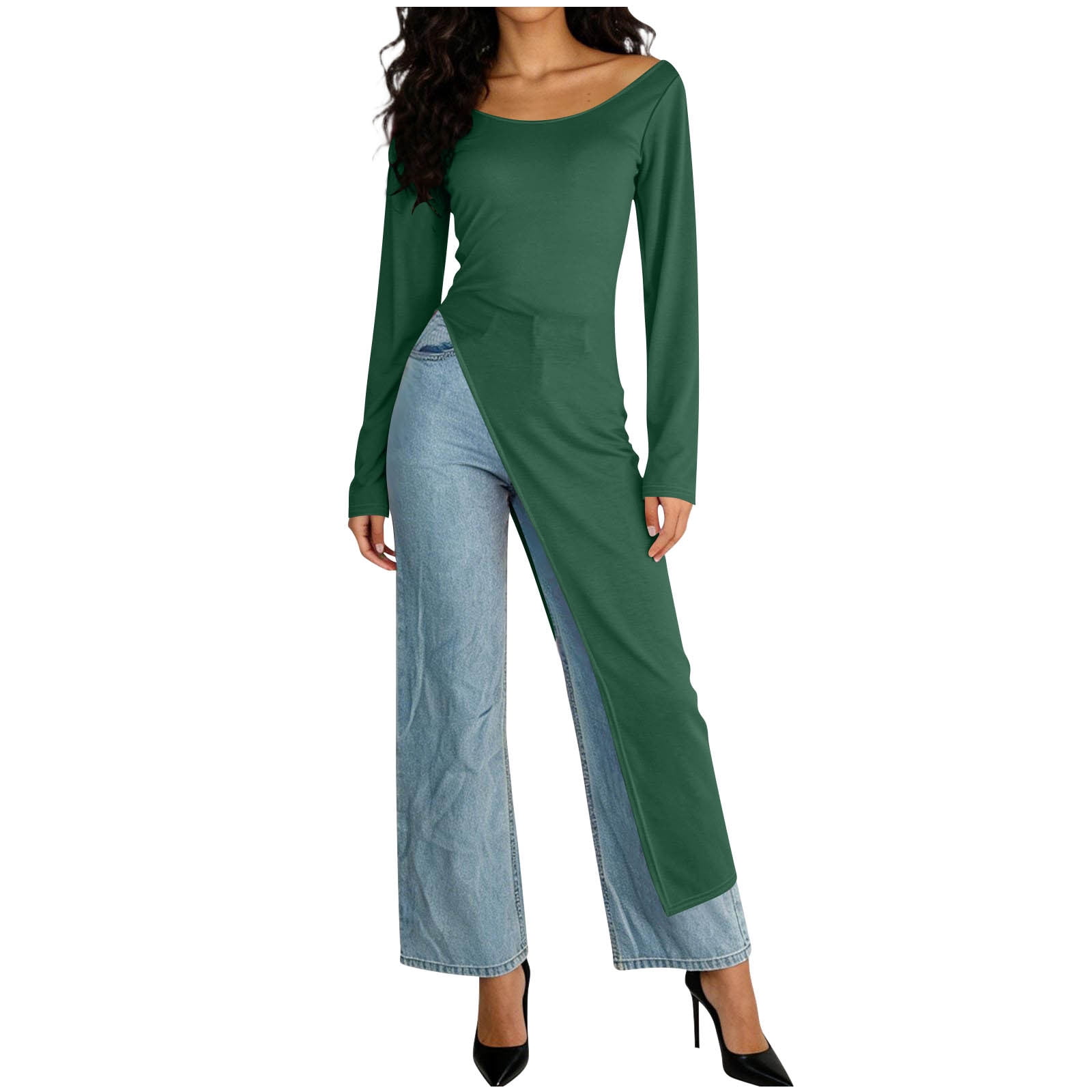 AUNVITO Women's Yoga Cover-Up Long Sleeve Round Neck Irregular Hem ...