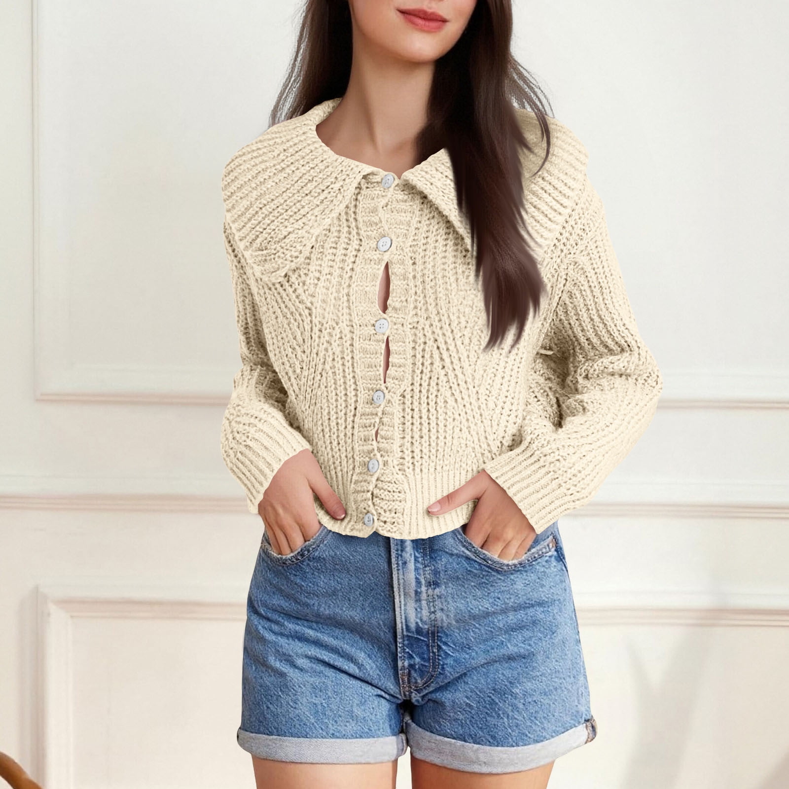 AUNVITO Womens Big Lapel Cardigan Single Breasted Loose Fit Long Sleeve ...