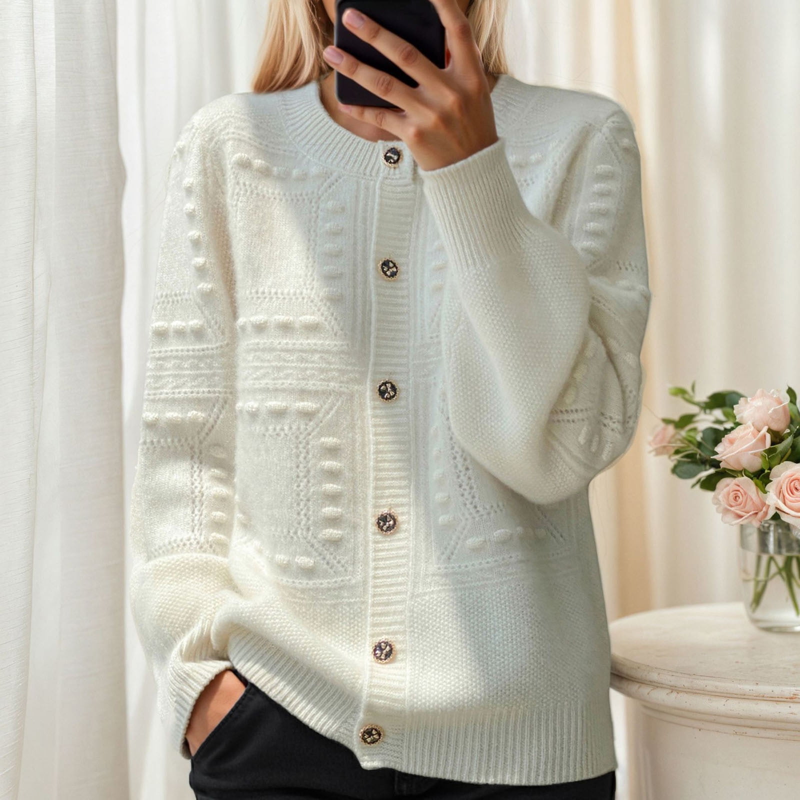 AUNVITO Womens Round Neck Cardigans Solid Jacquard Button Front Knit ...
