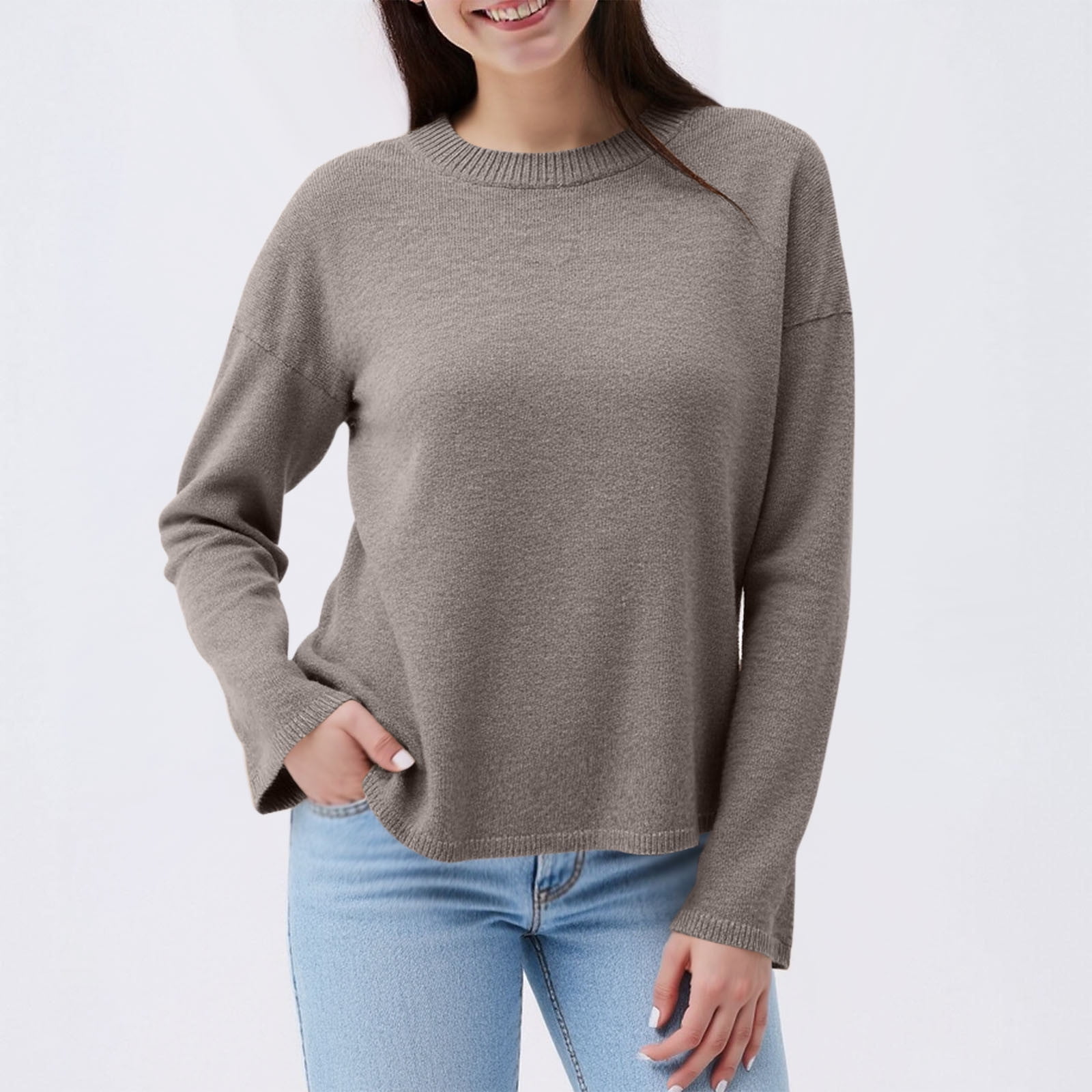 AUNVITO Womens Round Neck Sweaters Casual Solid Loose Long Sleeve ...