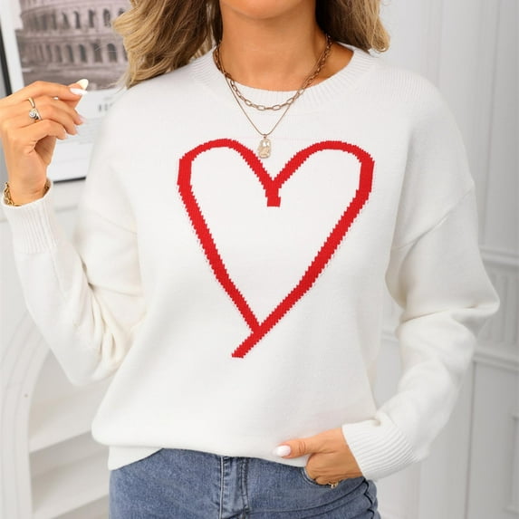 AUNVITO Womens Round Neck Sweaters Heart Pattern Long Sleeve Pullover ...