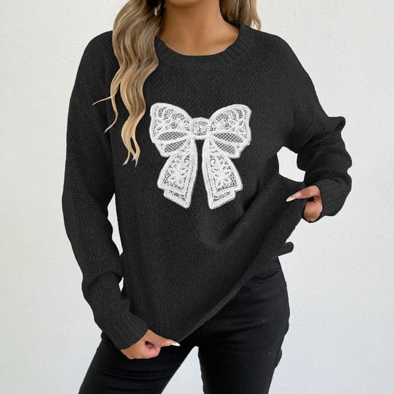 AUNVITO Womens Round Neck Sweaters Pullover Solid 3D Bow Long Sleeve ...