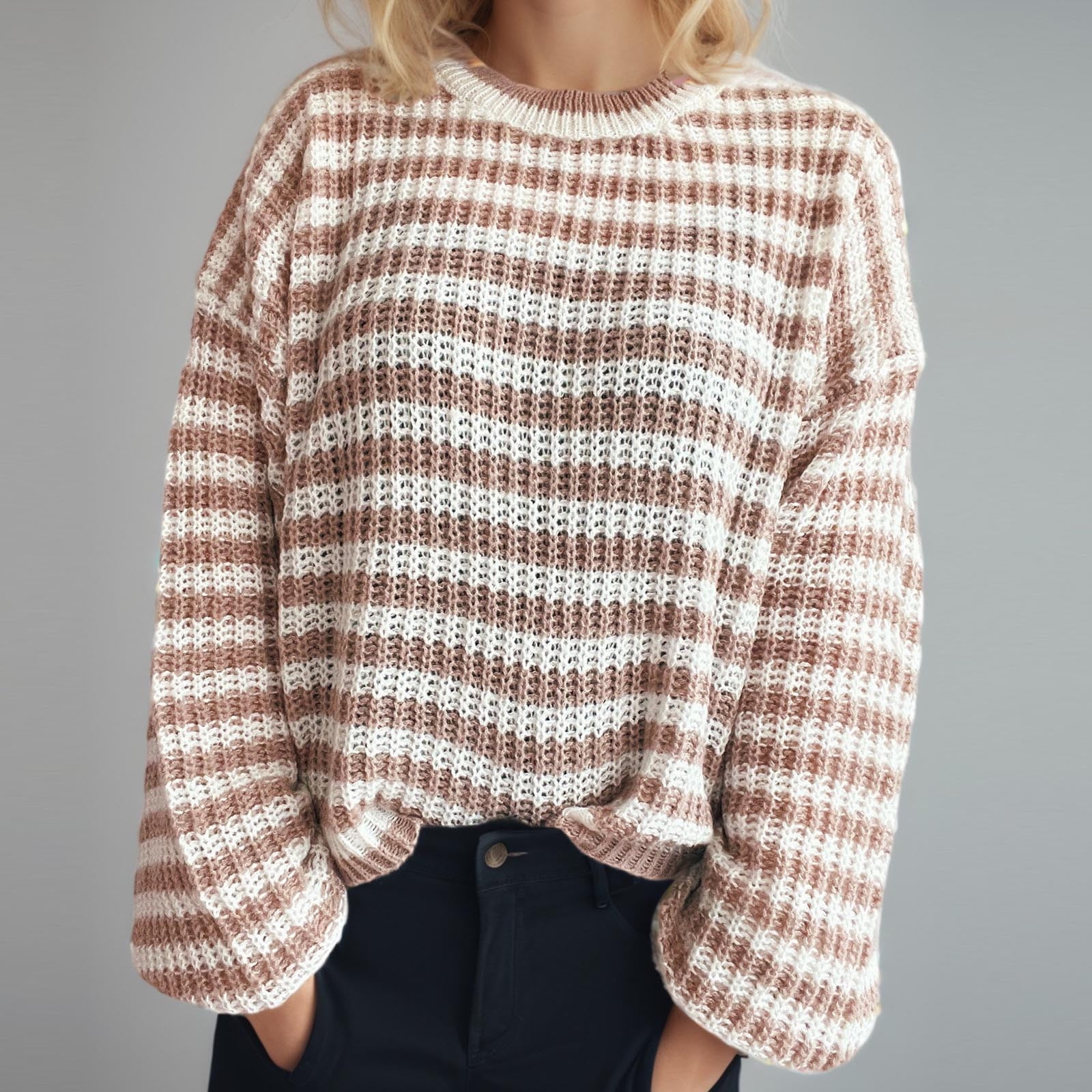 AUNVITO Womens Round Neck Sweaters Pullover Warm Striped Color Block ...