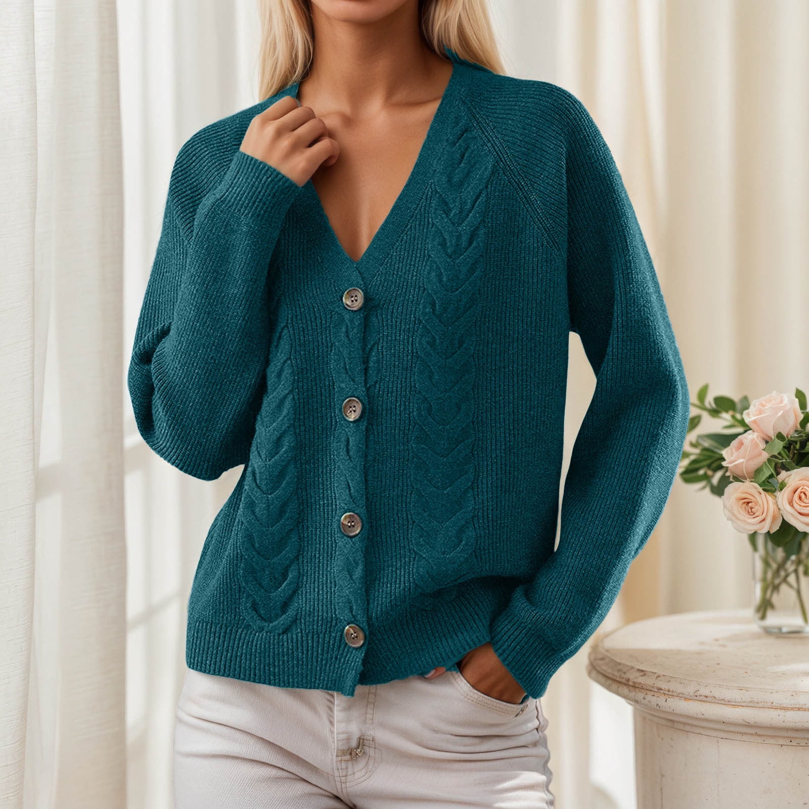 AUNVITO Womens V Neck Cardigans Button Front Solid Long Sleeve ...