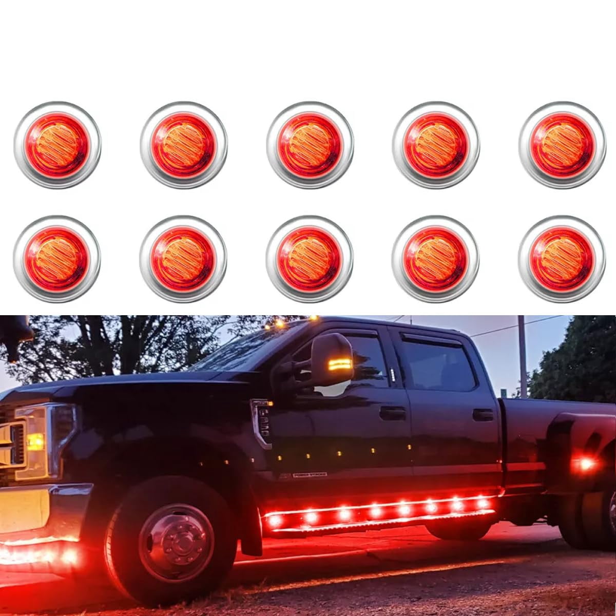 AUOKAY 3/4" Chrome Bezels Red Round Trailer Marker LED Lights Side ...