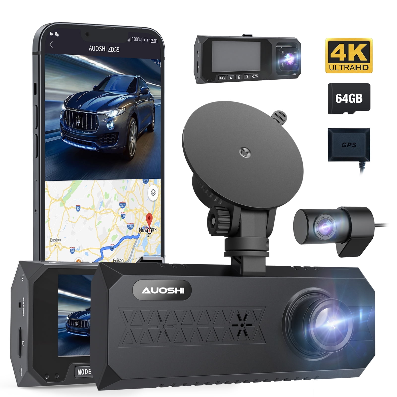 AUOSHI 3 Channel Dash Cam Front and Rear, 4K/2.5K + 1080P Premium Car ...