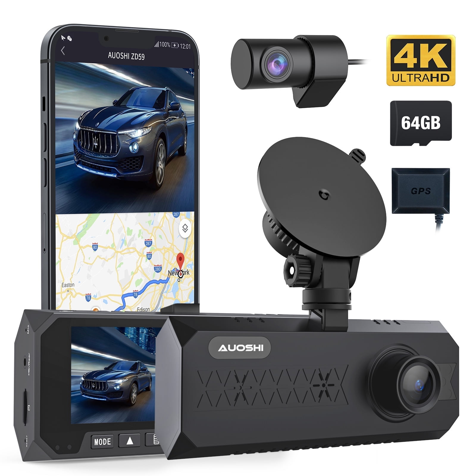 "AUOSHI 4K/2.5K 3 Channel Dash Cam with Wi-Fi, GPS, 64GB SD, Night ...