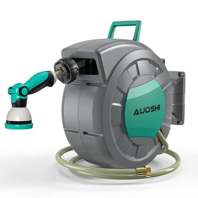 AUOSHI Automatic Retracting Garden Hose Reel with 10-Function Nozzle 1/ ...