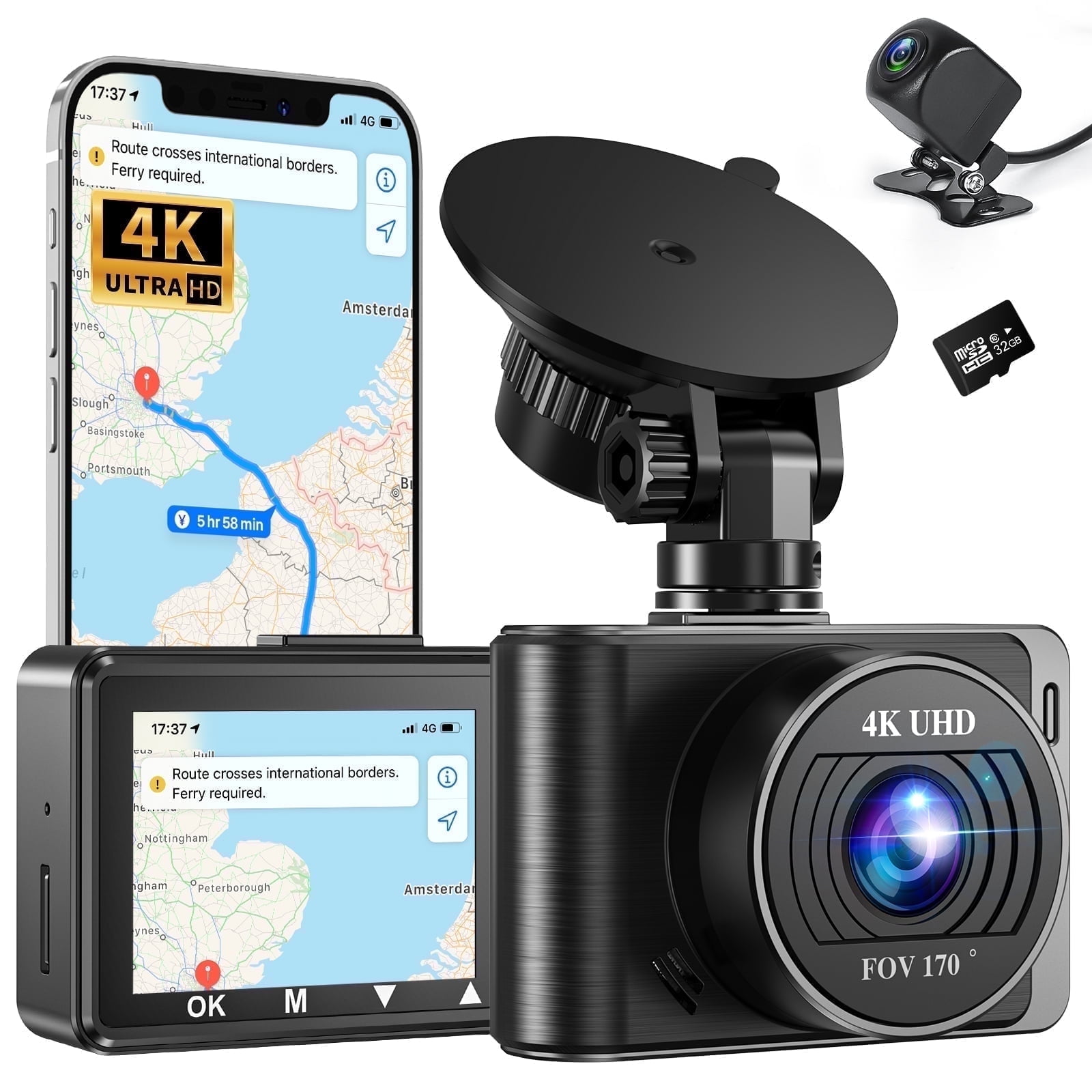 AUOSHI Dash Cam Front and Rear, 4K+1080P Full HD Car Camera, 2” IPS ...