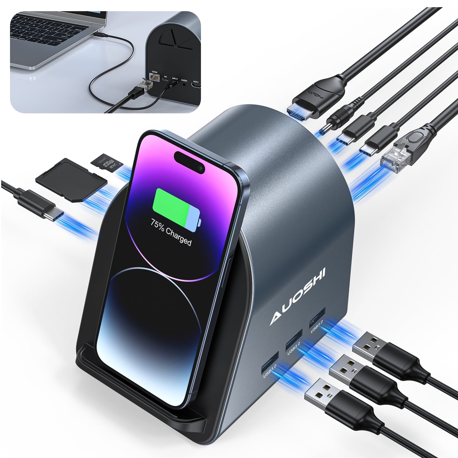 AUOSHI USB C Docking Station with Wireless Charging, 12-in-1 Cell Phone ...