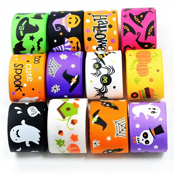 AUQ 12 Pack 25Mm Wide Halloween Grosgrain Ribbons Pumpkin Printed ...