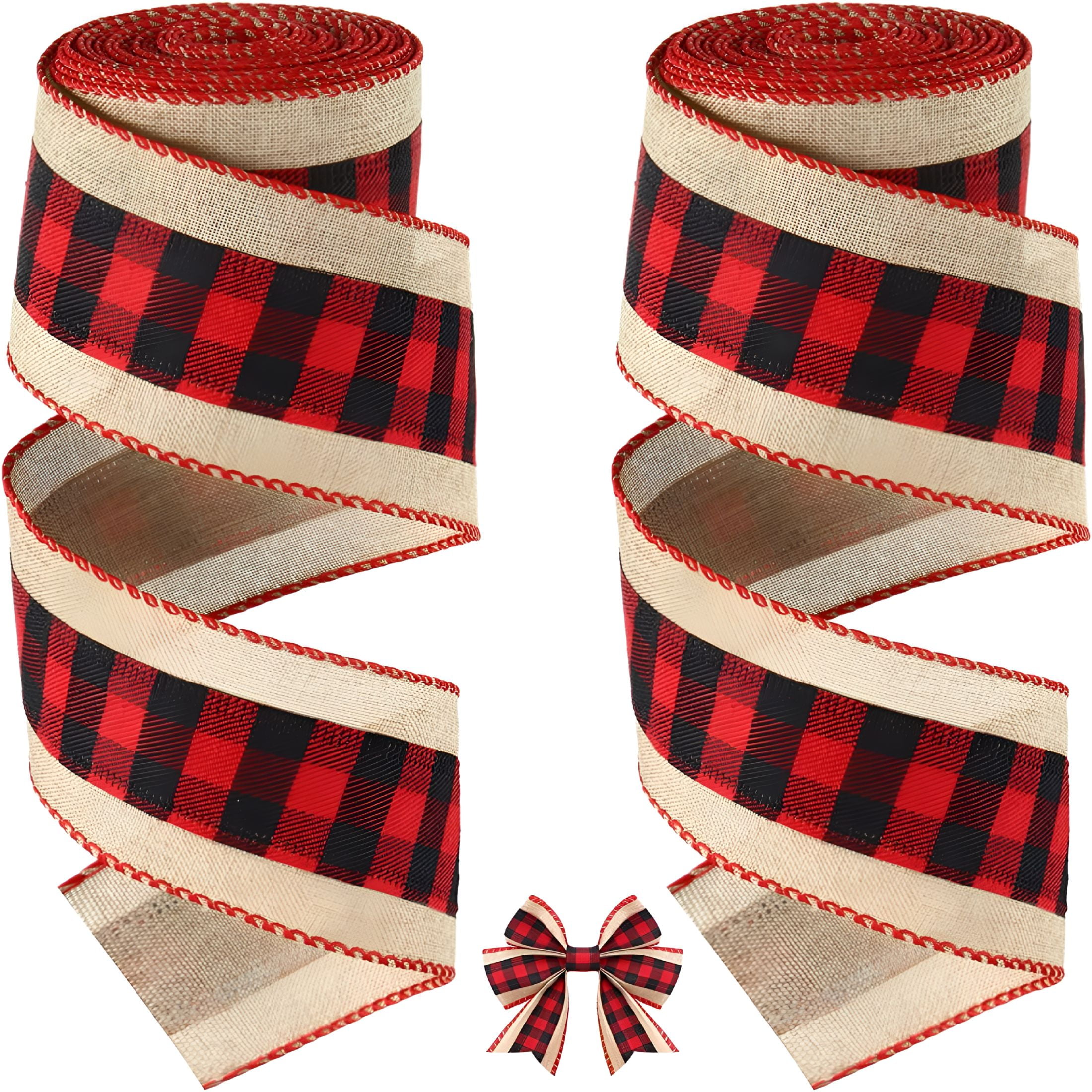 AUQ 2 Rolls Christmas Buffalo Plaid Ribbons Burlap Wired Edge Plaid ...