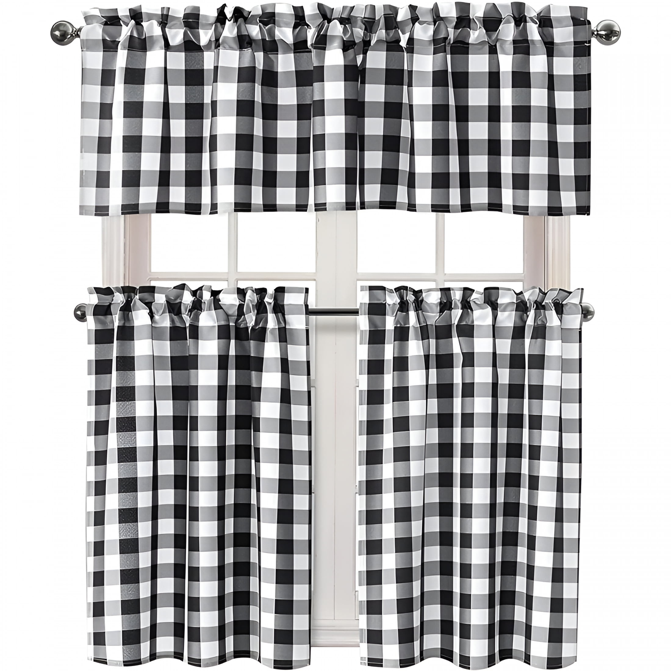 AUQ 3 Piece Semi Sheer Kitchen Curtains,Plaid Curtains Light Filtering ...