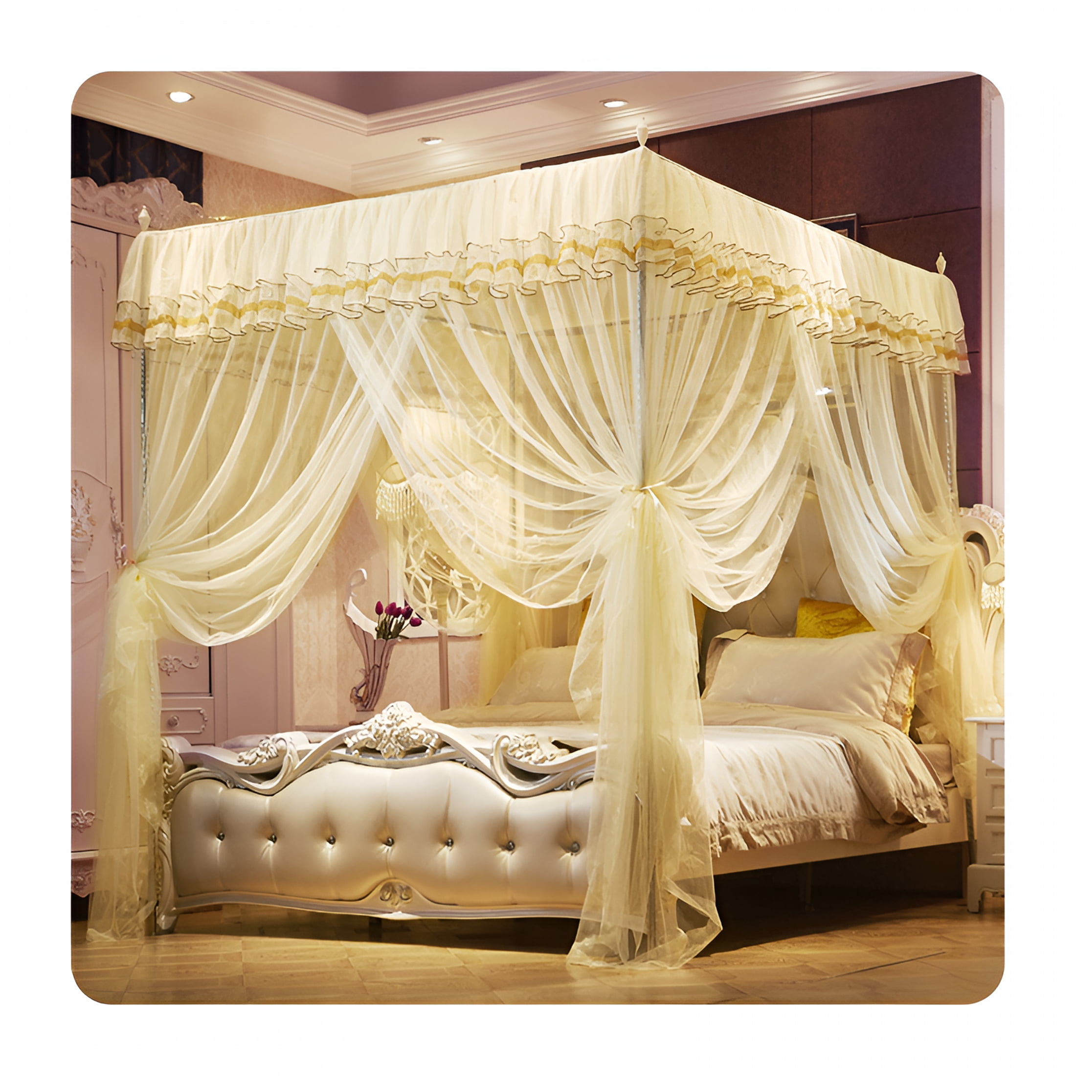 AUQ 4 Corners Post Ruffle Canopy Bed Curtains for Girls Kids Adults ...