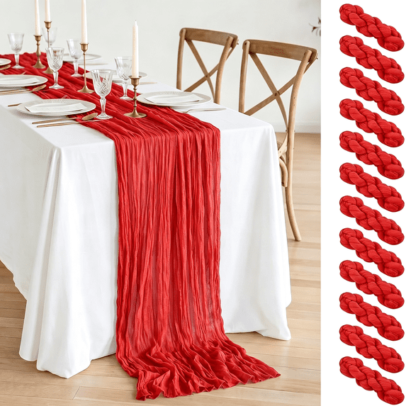 AUQ 4 Pack Red Cheesecloth Table Runner 17X108 Inch Boho Wrinkled Sheer ...