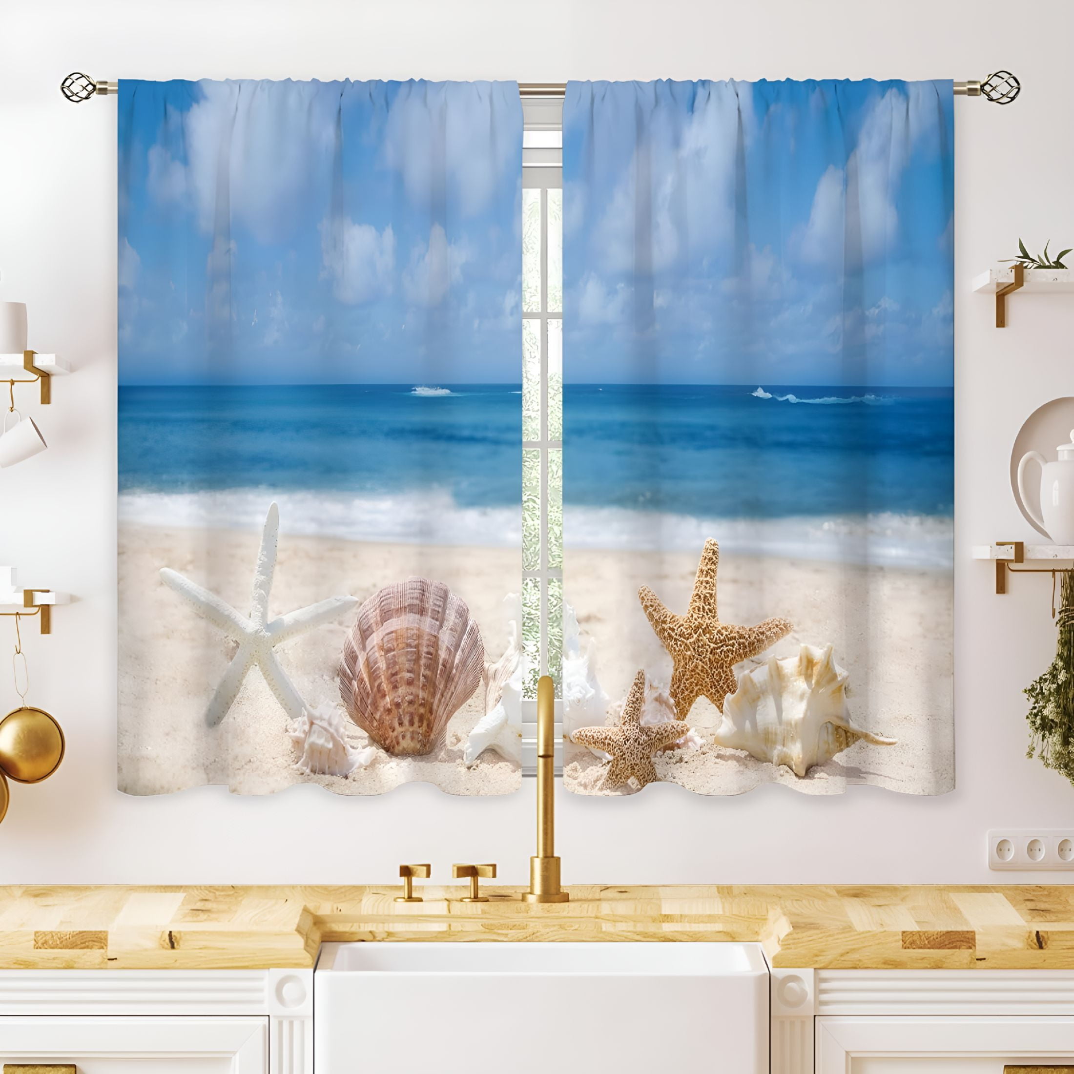 AUQ Beach Starfish Seashell Small Kitchen Curtains Ocean Coastal Window ...