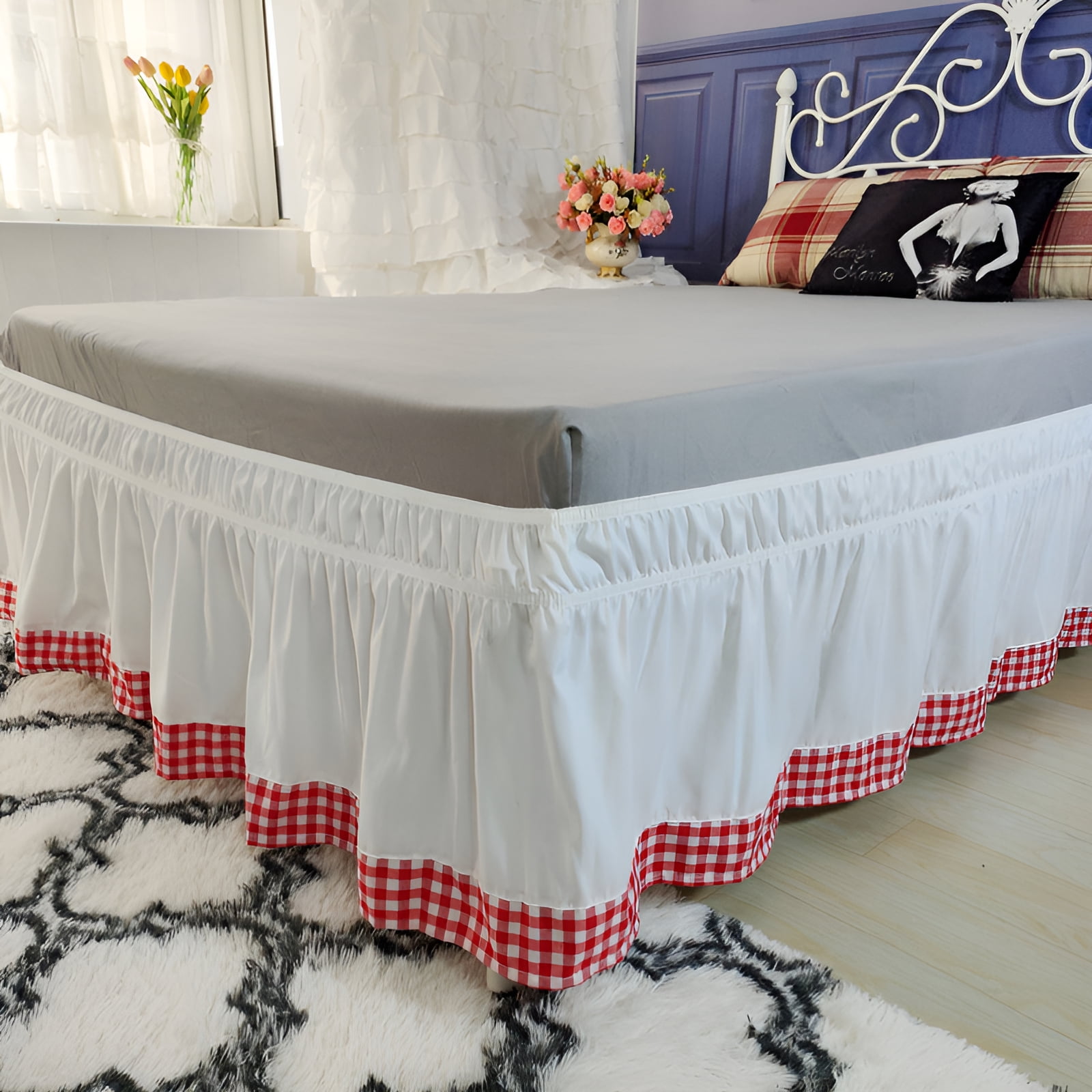 AUQ Bed Skirt Dense Fabric Wrap Around Bed Skirt Layered Look Ruffle ...