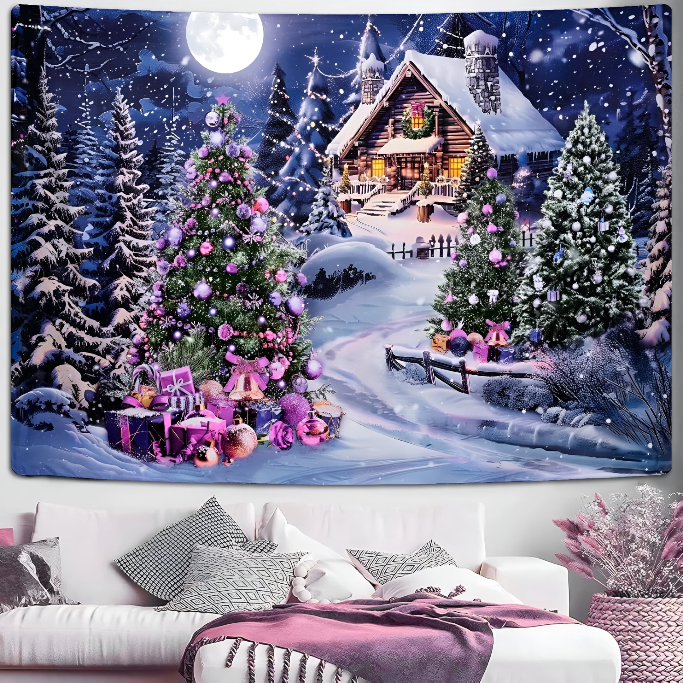AUQ Christmas Tree Tapestry Xmas Wall Tapestry Snow Wall Hanging for ...