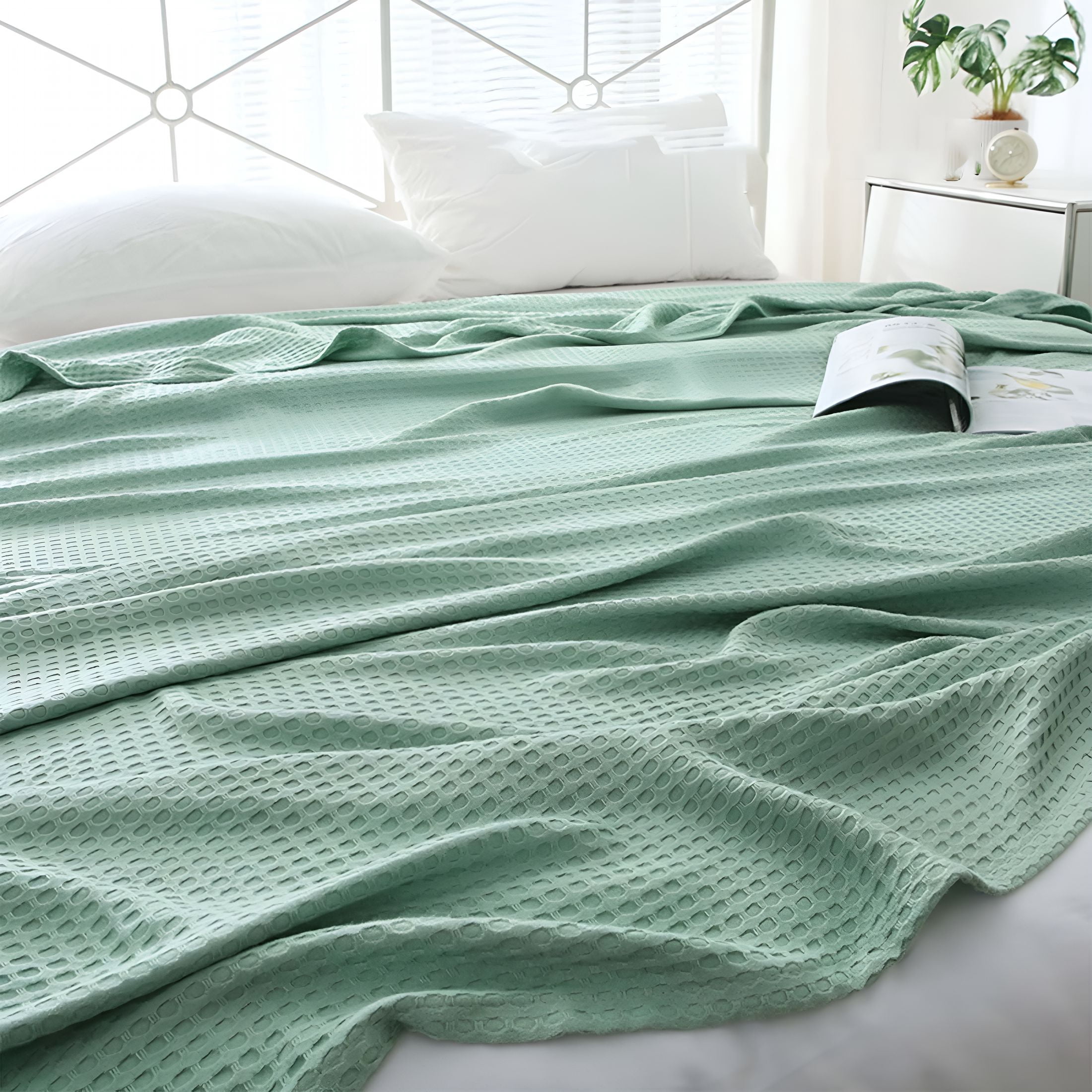 AUQ Cotton Blanket for Full Queen Size Bed - Dark Green Waffle Weave ...