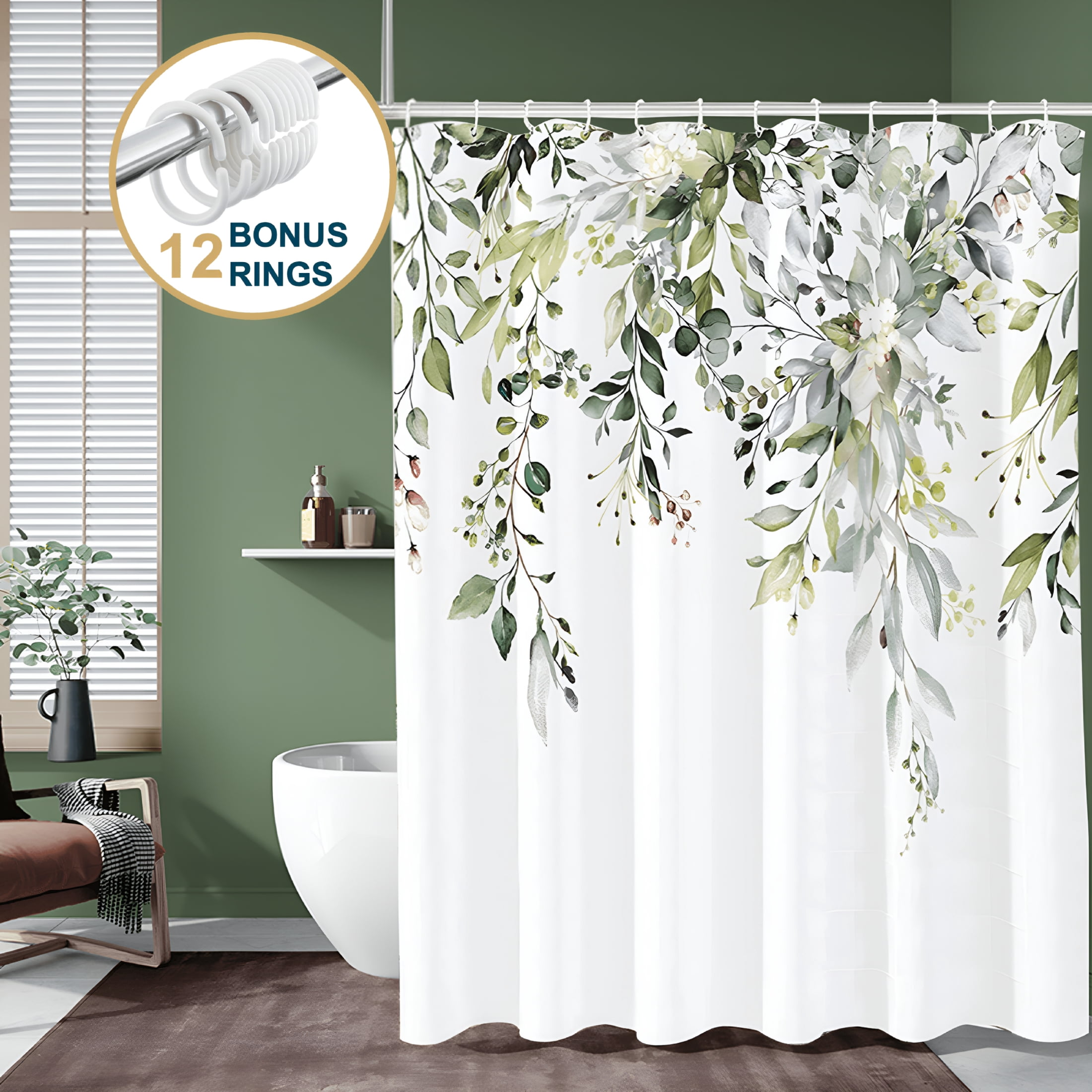 AUQ Green Shower Curtain with Hooks–Heavy-Duty Mold/Mildew-Resistant ...