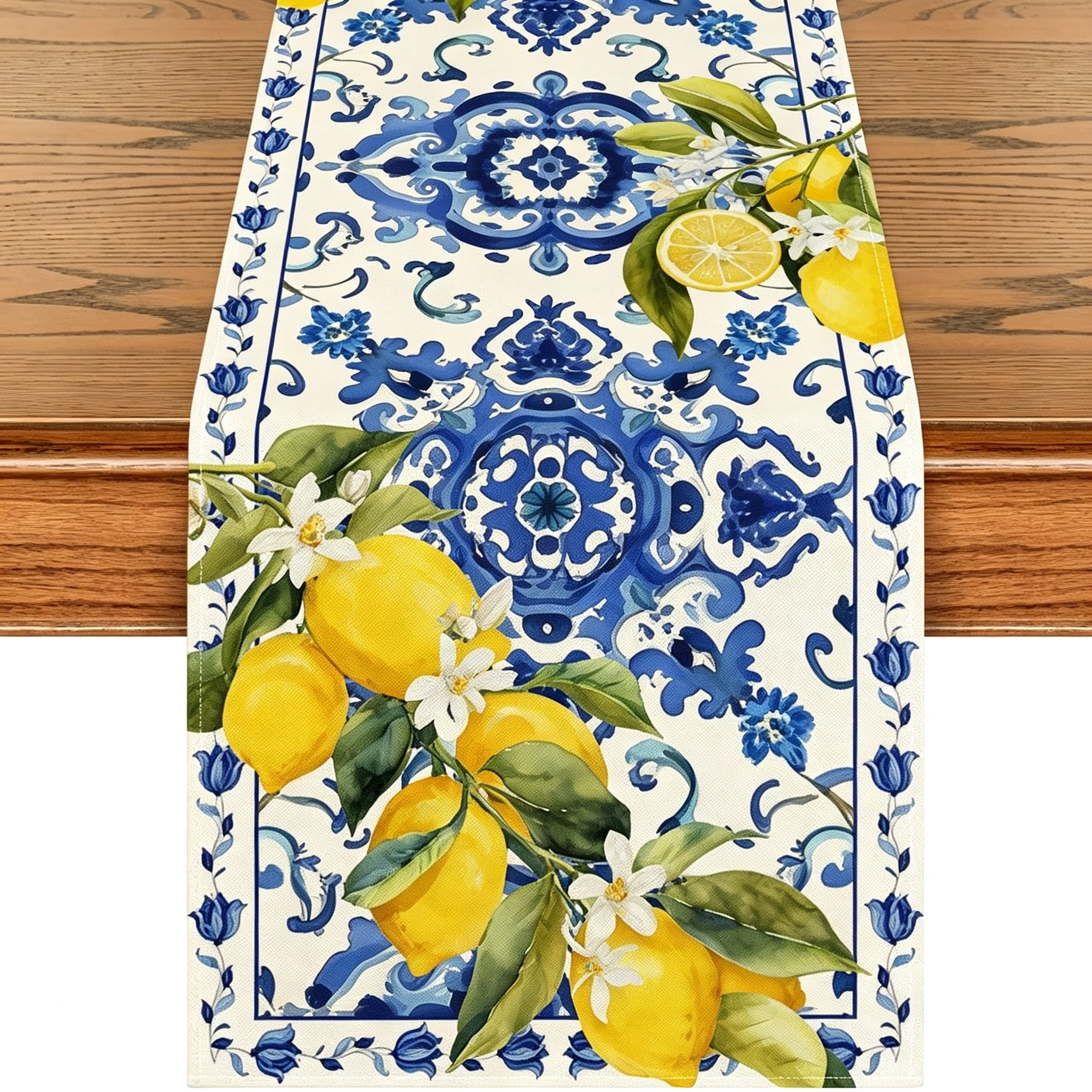 AUQ Lemon Blue and White Porcelain 210 Gsm Summer Table Runner,Seasonal ...