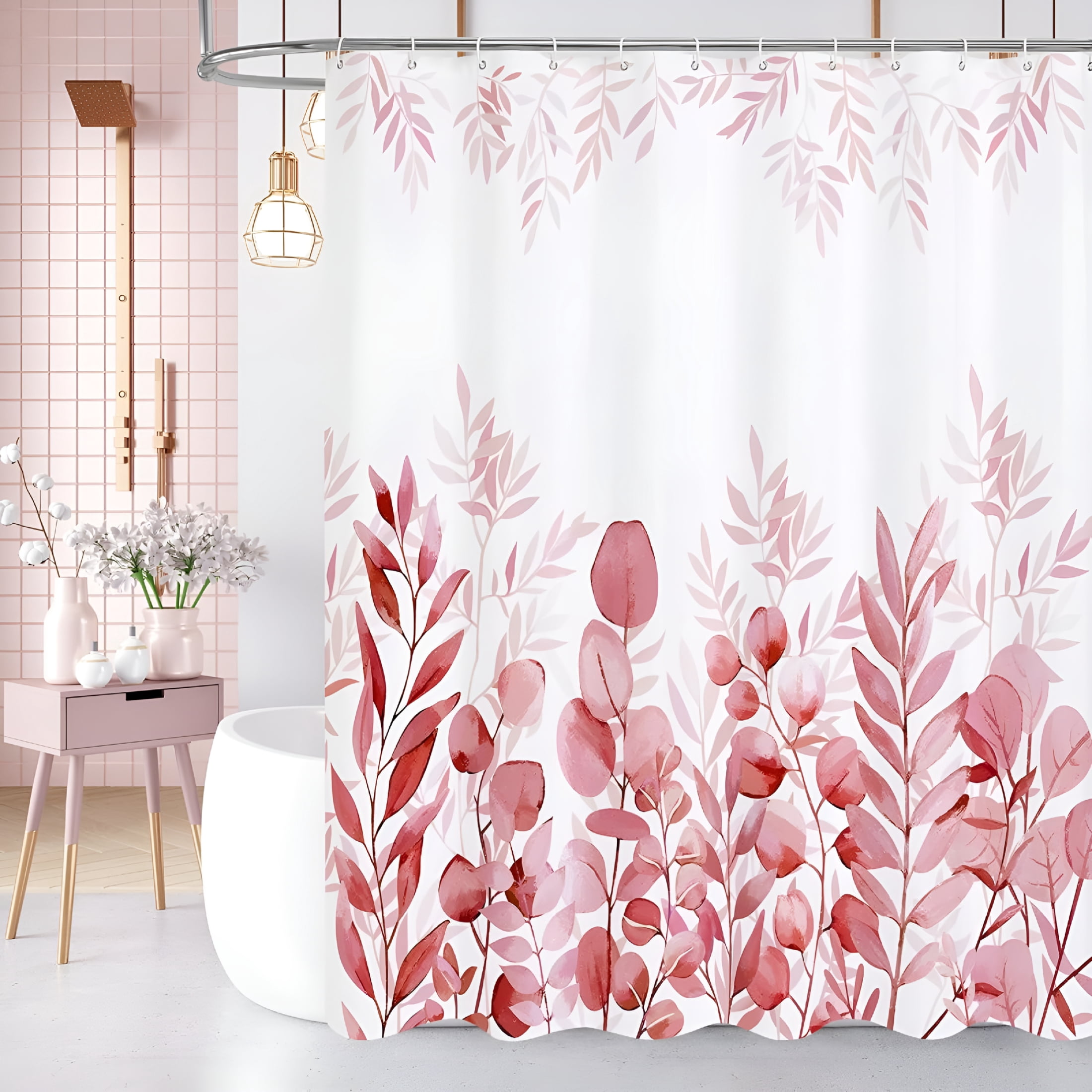 AUQ Pink Eucalyptus Shower Curtain,Plant Leaves Vintage Fabric Shower ...
