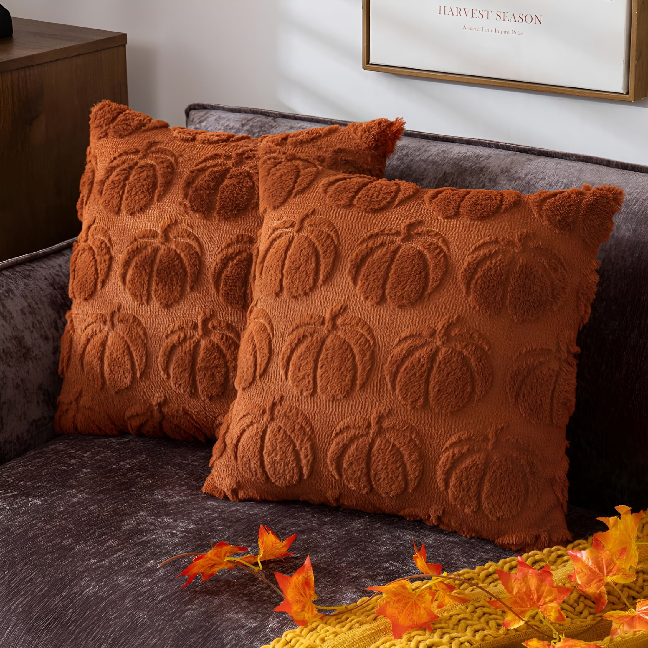 AUQ Pumpkin Fall Decorative Throw Pillow Covers 18x18,Set of 2 Rust Red ...