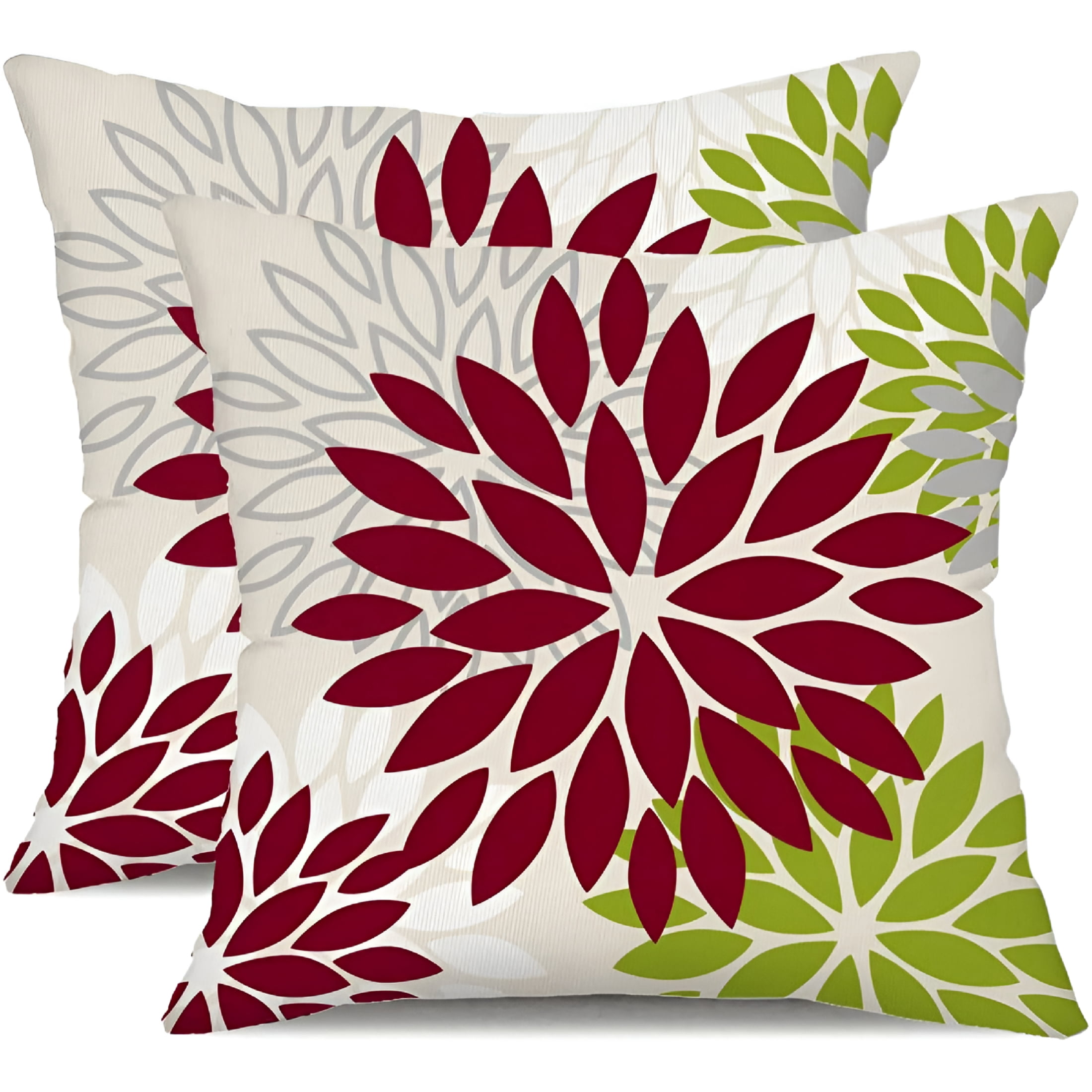 AUQ Red Green Flower Pillow Covers 18x18 Inch Set of 2 Outdoor Throw ...