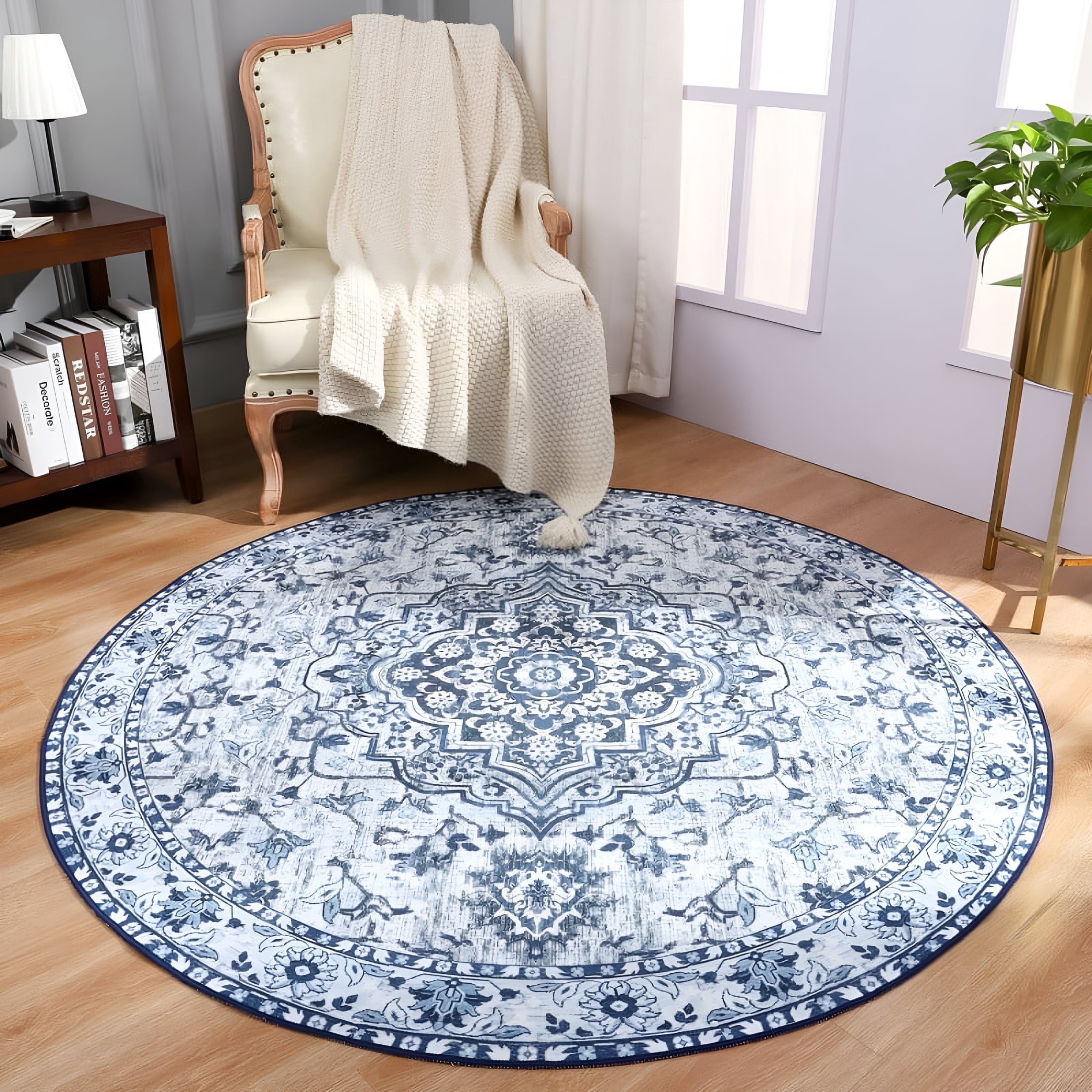 AUQ Round Rugs Soft Vintage Circle Area Rug Low-Pile Floor Carpet for ...