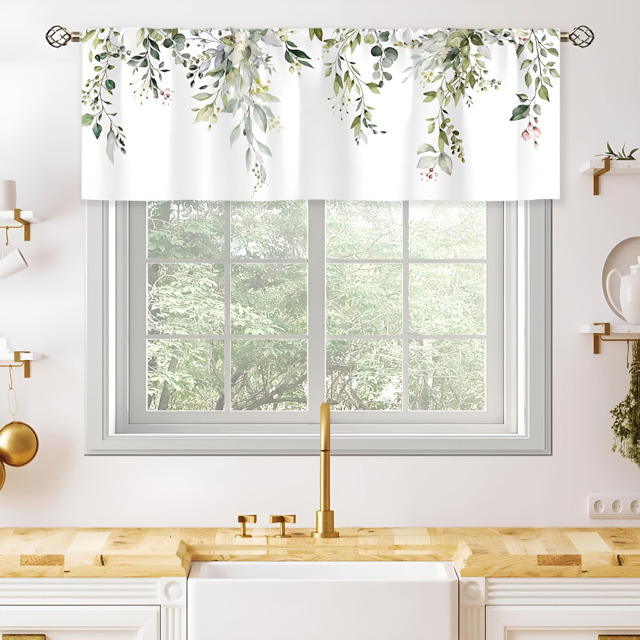 AUQ Sage Green Eucalyptus Leaves Valances Kitchen Curtains Watercolor ...