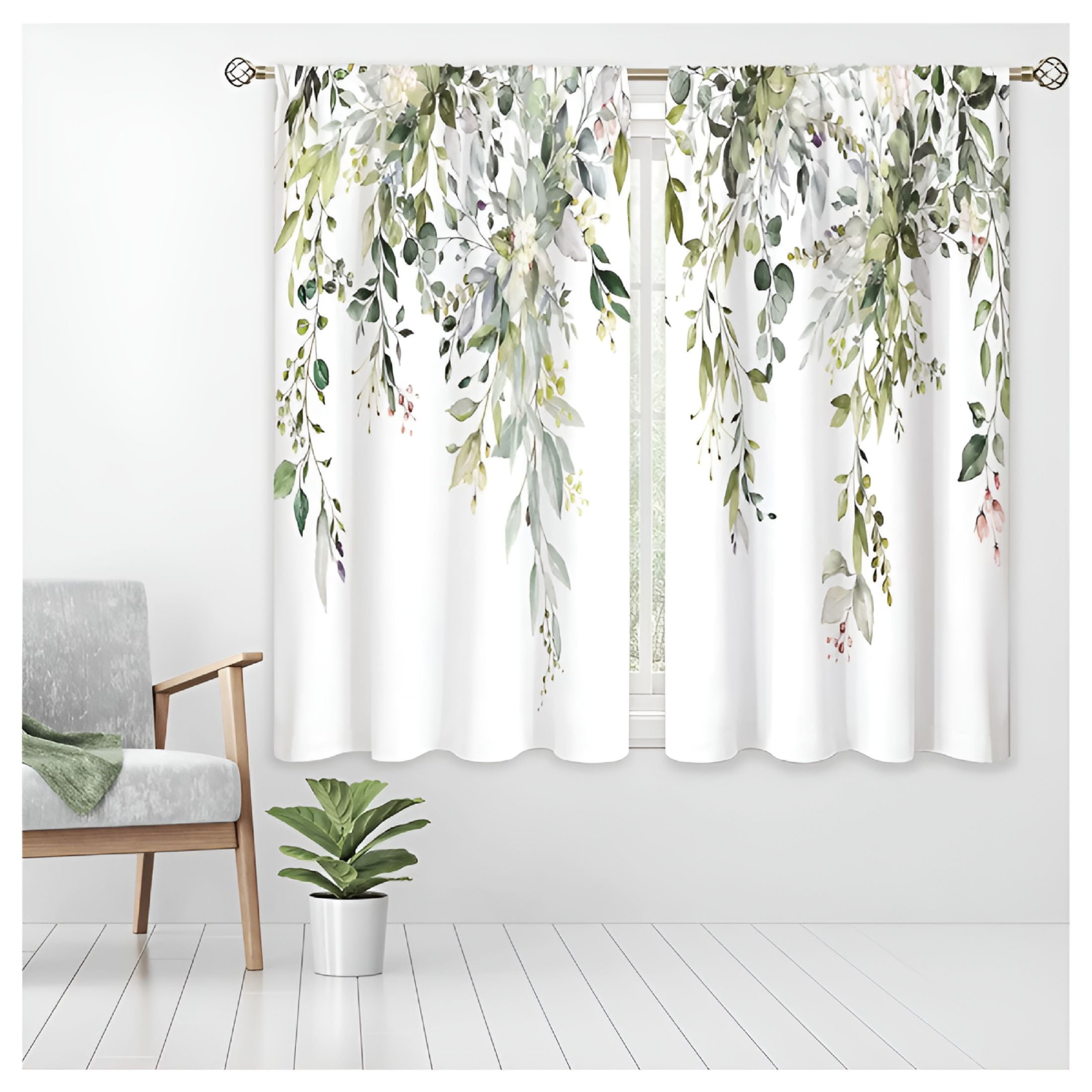 AUQ Sage Green Eucalyptus Leaves Window Curtains Flower Watercolor ...