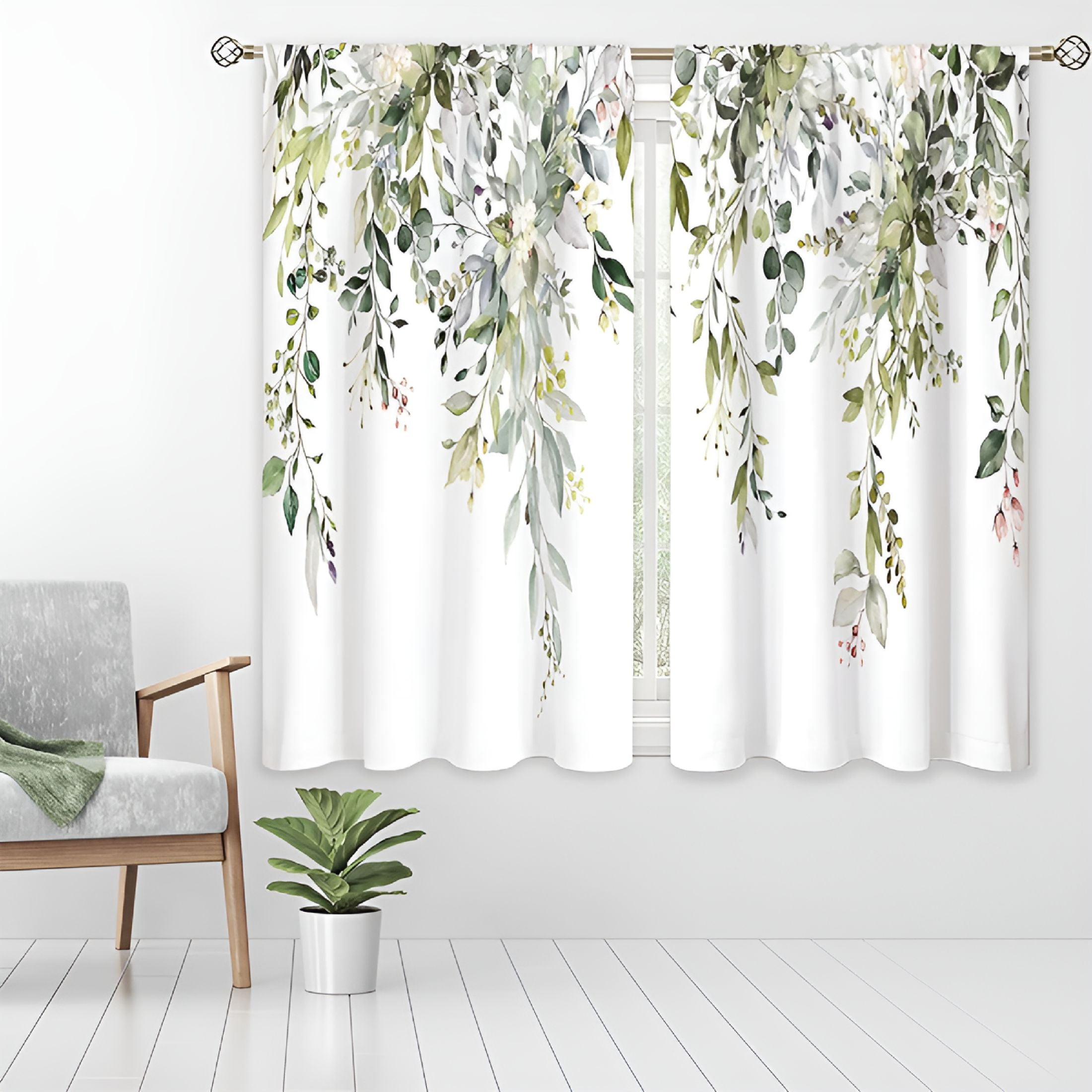 AUQ Sage Green Eucalyptus Leaves Window Curtains Flower Watercolor ...
