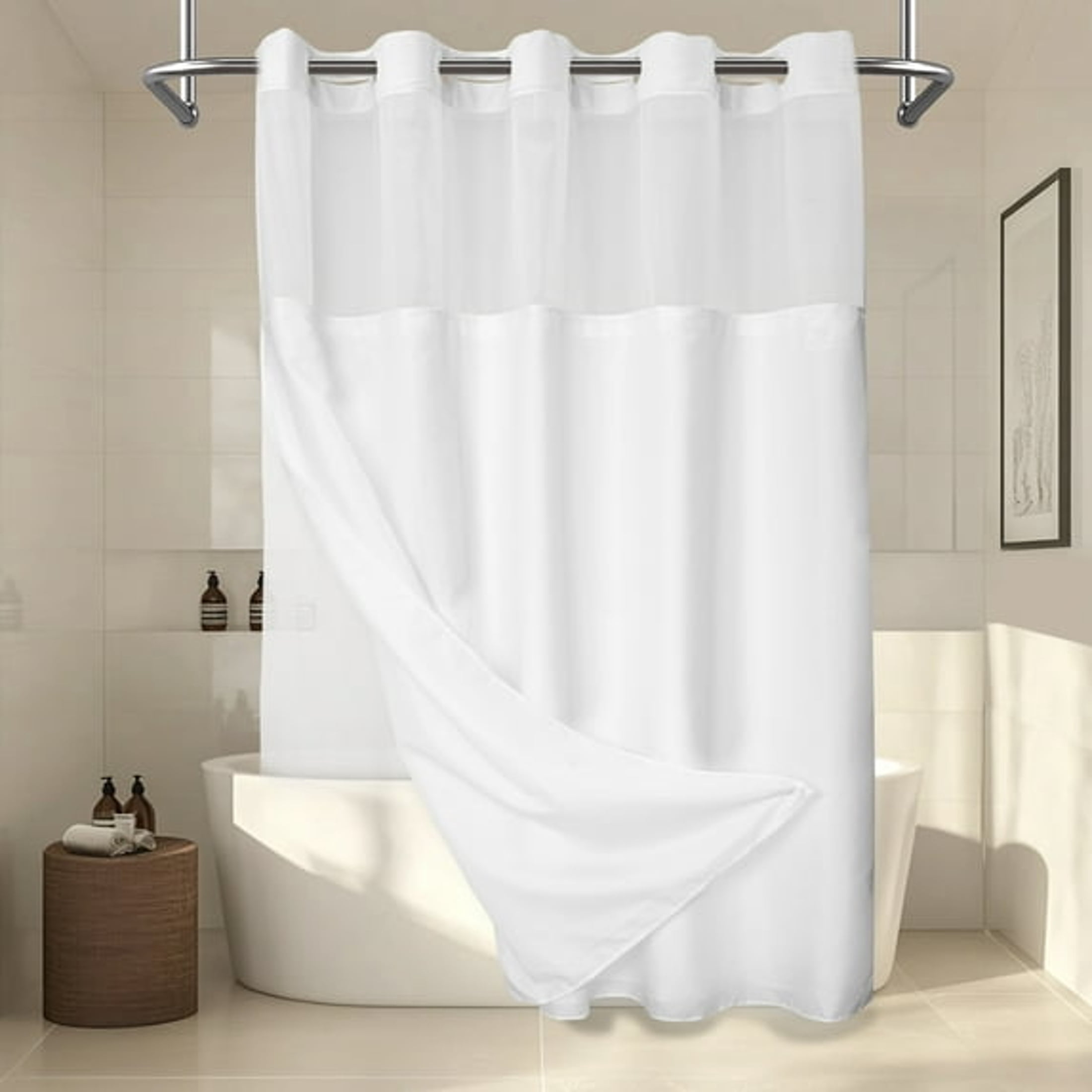 AUQ Slub Textured White Shower Curtain with Snap-in Liner,Mesh Window ...