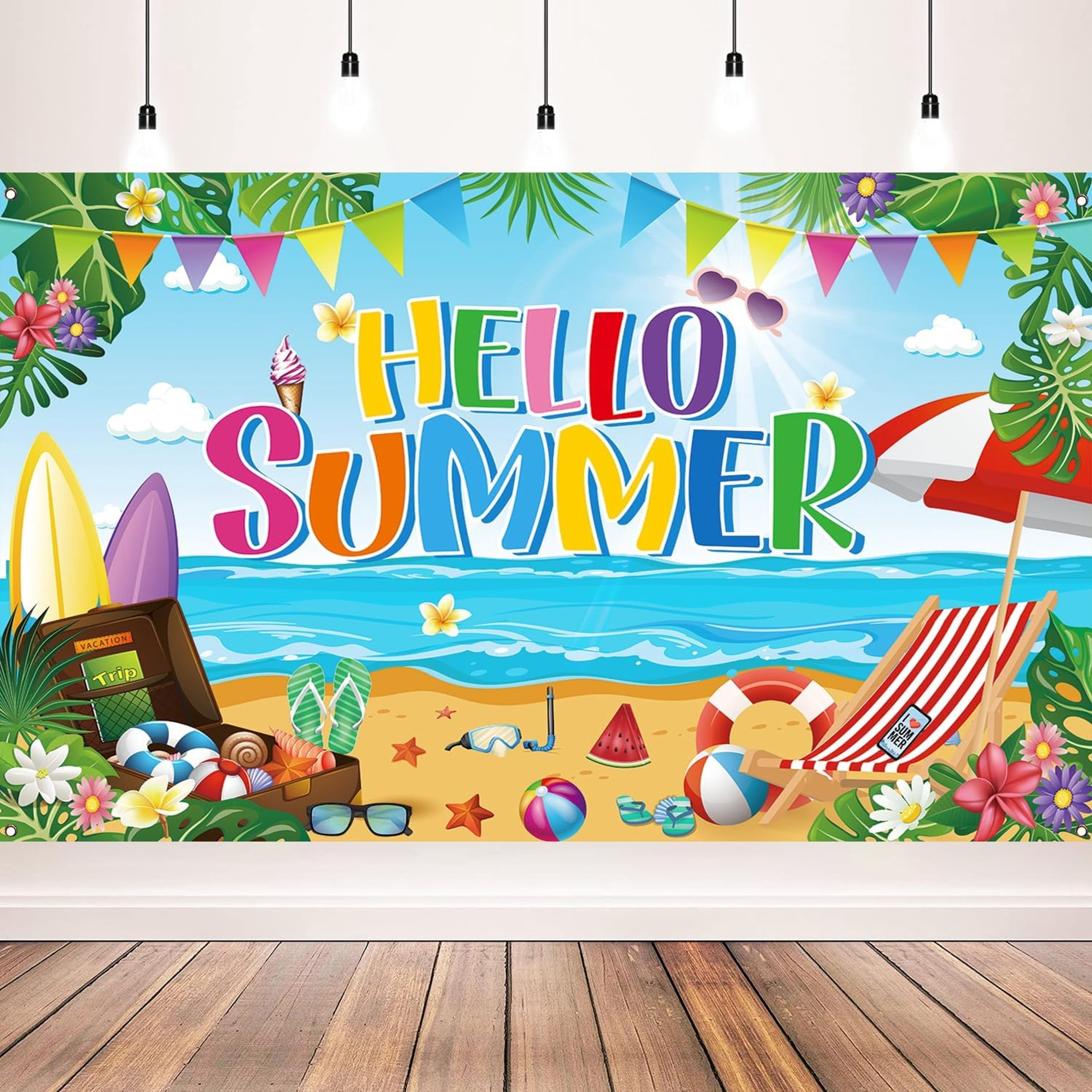 AUQ Summer Party Decorations,Hello Summer Beach Party Backdrop Banner ...