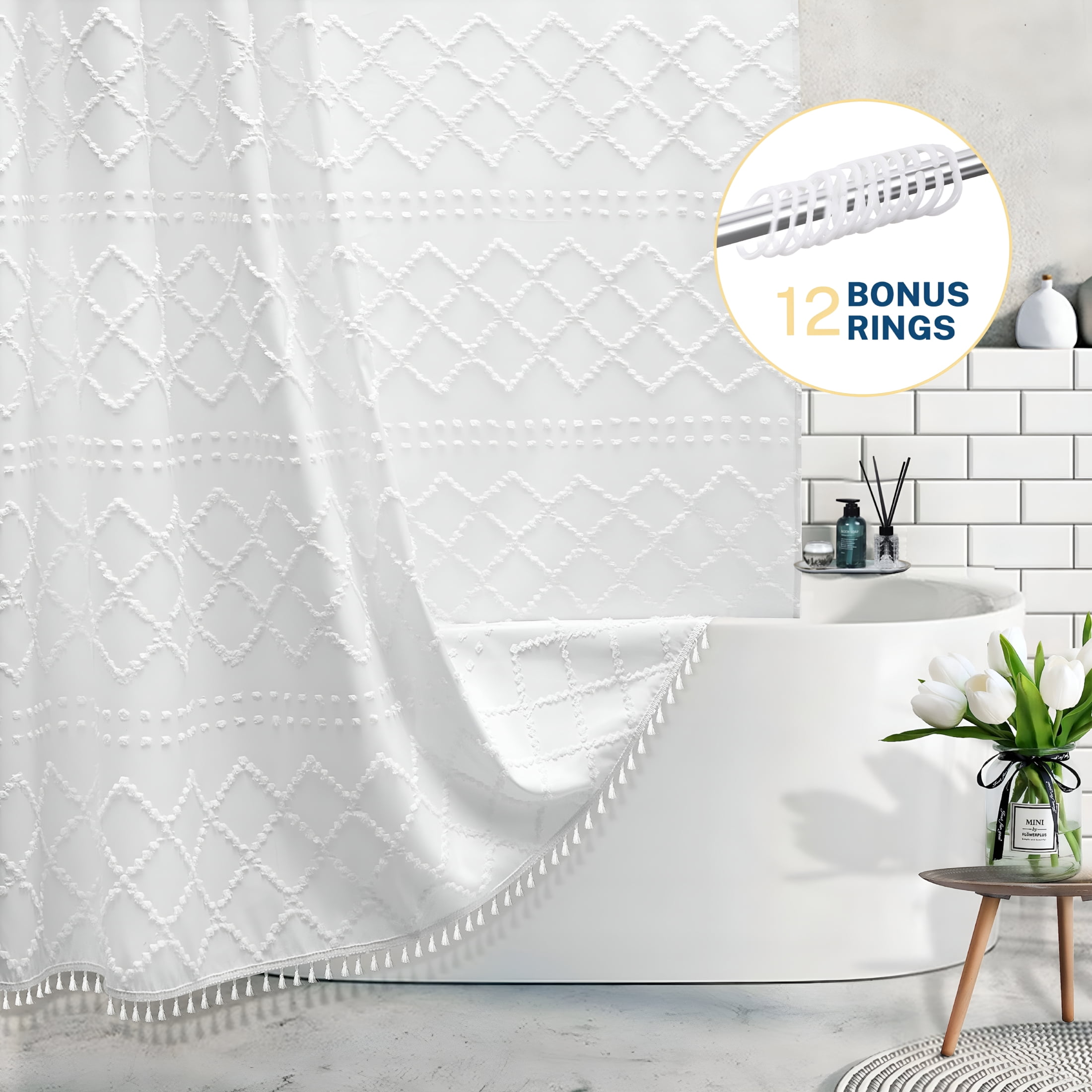 AUQ White Boho Shower Curtains with Tassels,Heavy-Duty Mold/Mildew ...
