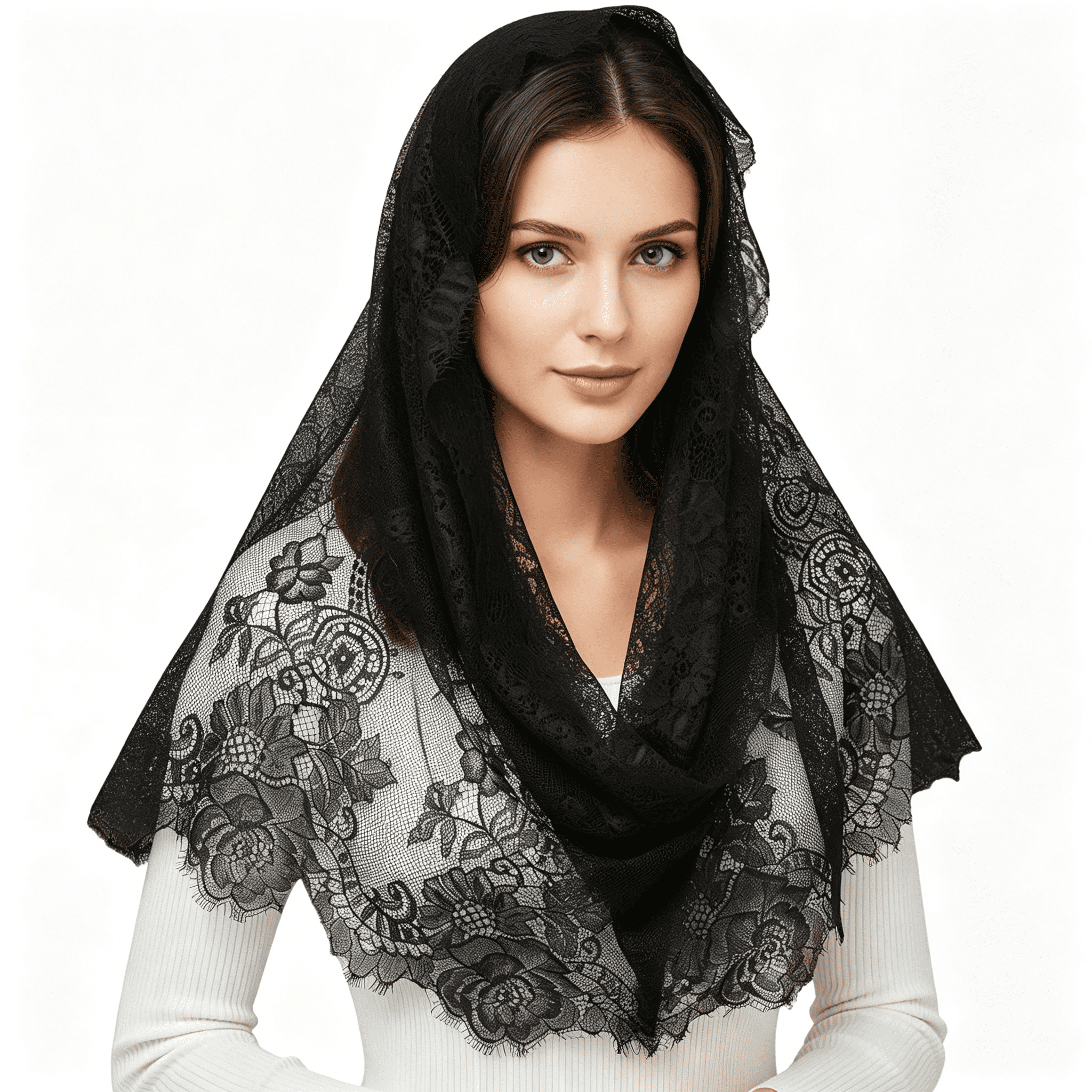 AUQ White Chapel Veil Spanish Style Lace Traditional Vintage Inspired ...