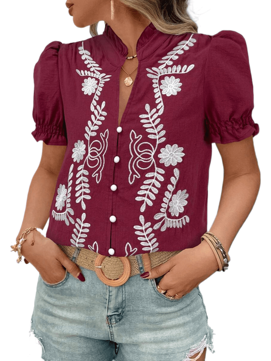 AURA Cotton Embroidered Cardigan Women Button V Neck Top S-2XL Puff ...