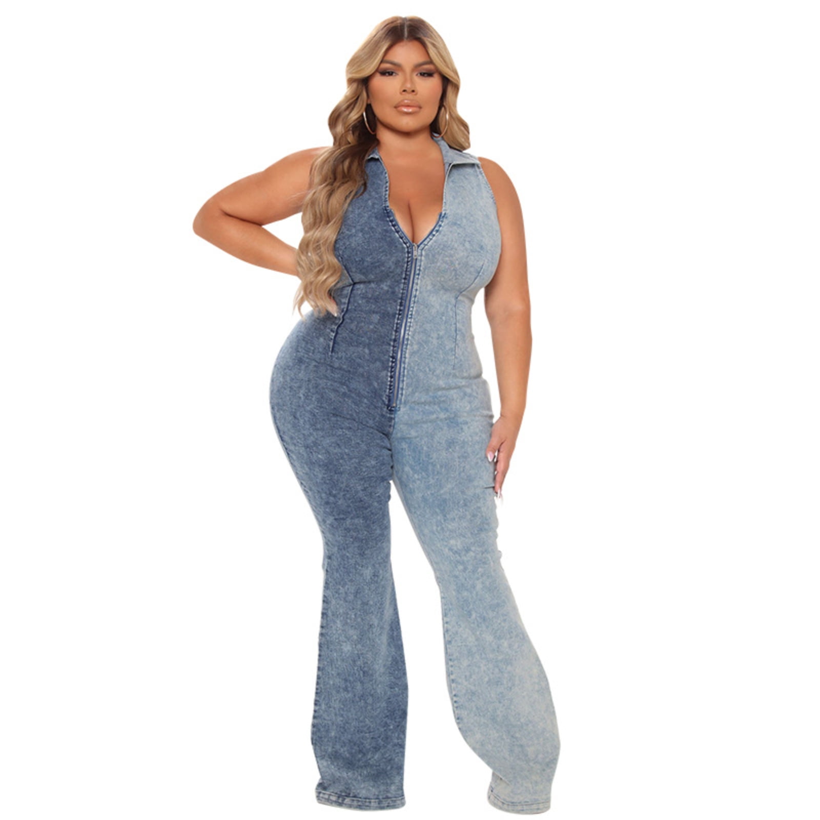 AURA Denim Jumpsuit Women Sleeveless Straight Leg Outfit S-5XL Casual ...
