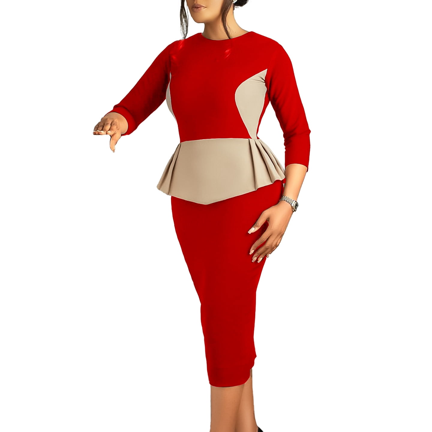 AURA Elegant Color Block Midi Bodycon Dress For Women High Waist Zipper ...