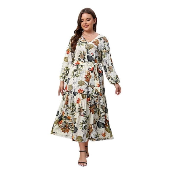 AURA Floral Maxi Dress V Neck Long Sleeve Pleated Skirt Loose Fit ...