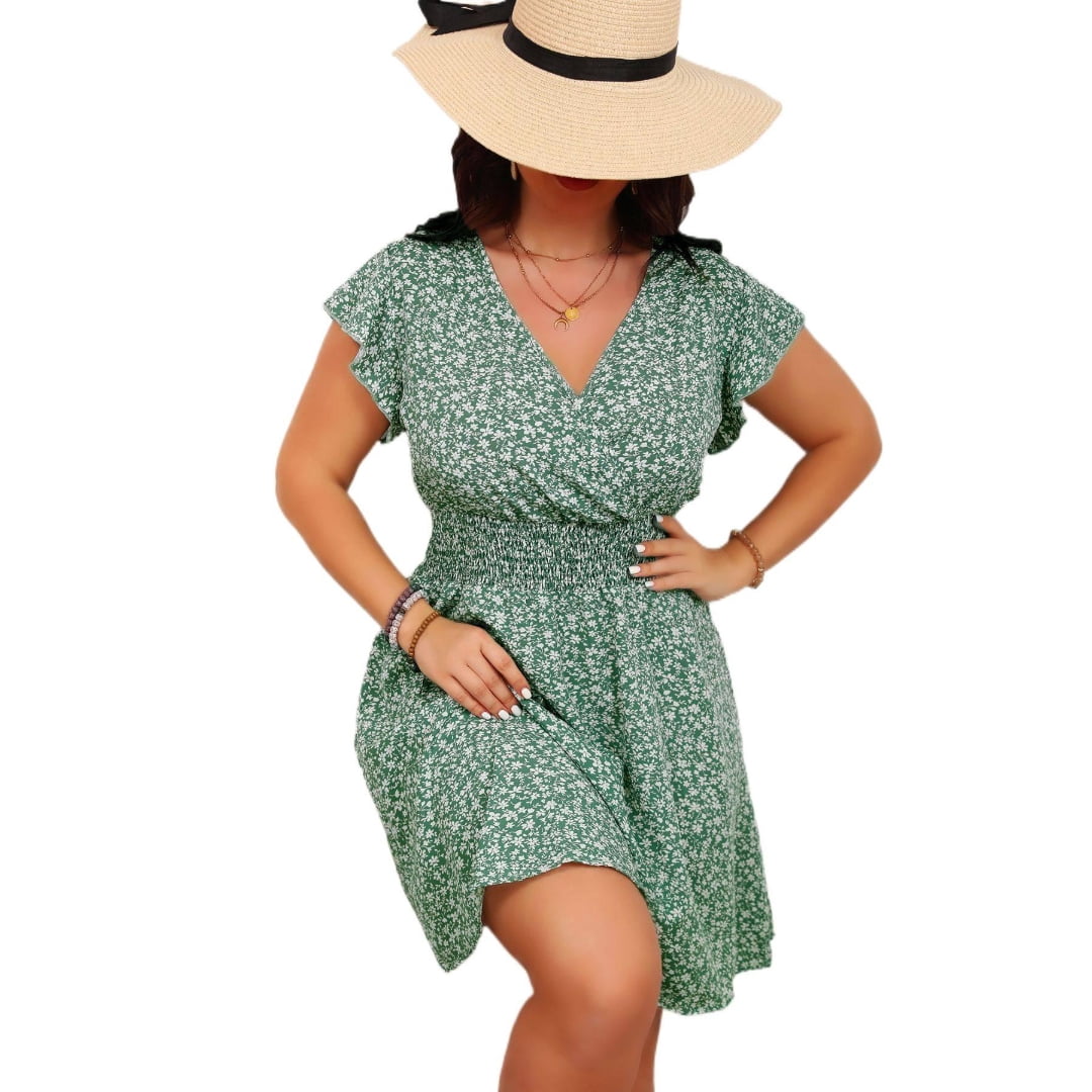 AURA Floral Midi Dress V Neck A Line Ruffle Sleeve Casual Summer Wear ...