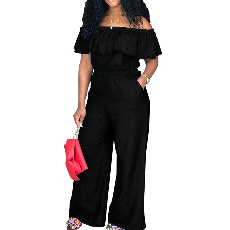 AURA Plus Size Denim Shawl Jumpsuit Backless Long Pants Straight Leg ...