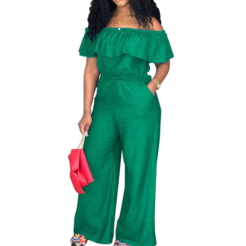 AURA Plus Size Denim Shawl Jumpsuit Backless Long Pants Straight Leg ...