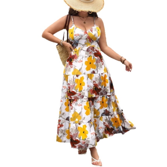AURA Plus Size Floral Maxi Dress Sleeveless V Neck Elegant Commuting ...