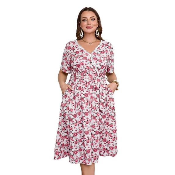 AURA Plus Size Floral Midi Dress V Neck Short Sleeve A Line Commuting ...
