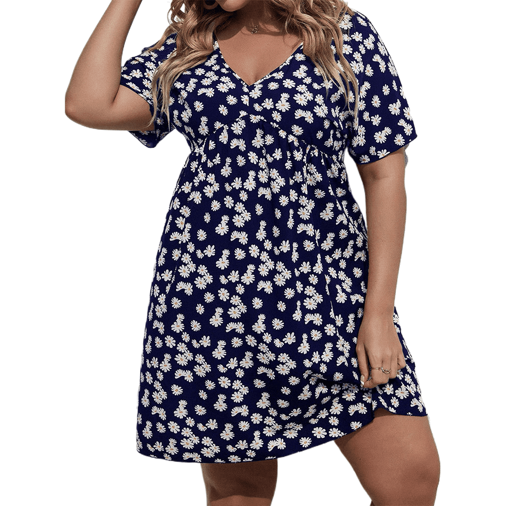 AURA Plus Size Knit A Line Mini Dress V Neck High Waist Printed Short ...
