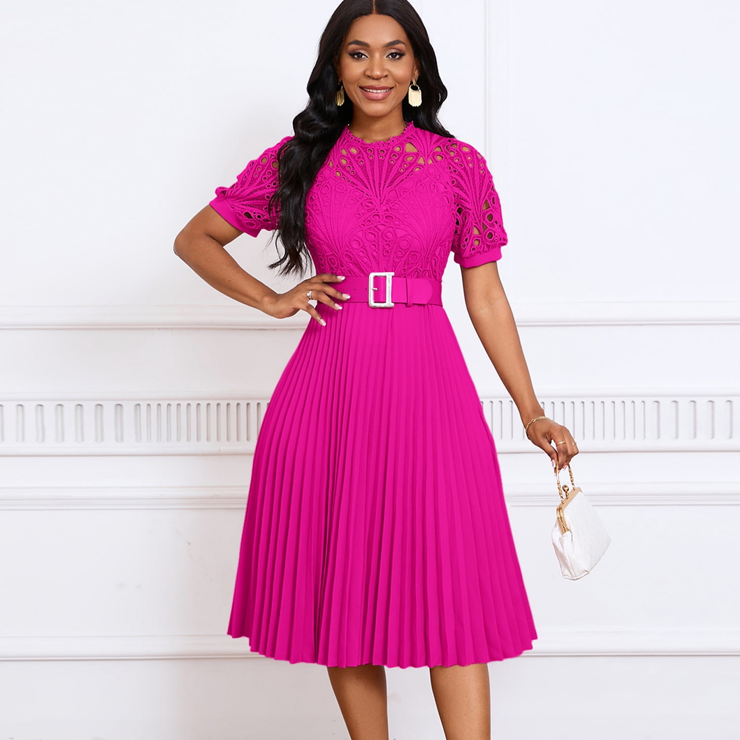 AURA Plus Size Lace Trim Pleated Midi Dress Puff Short Sleeve Crewneck ...